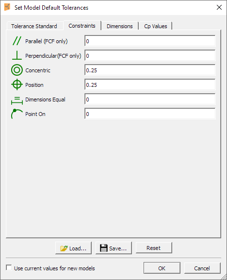 Setting default tolerances for dimensions and constraints